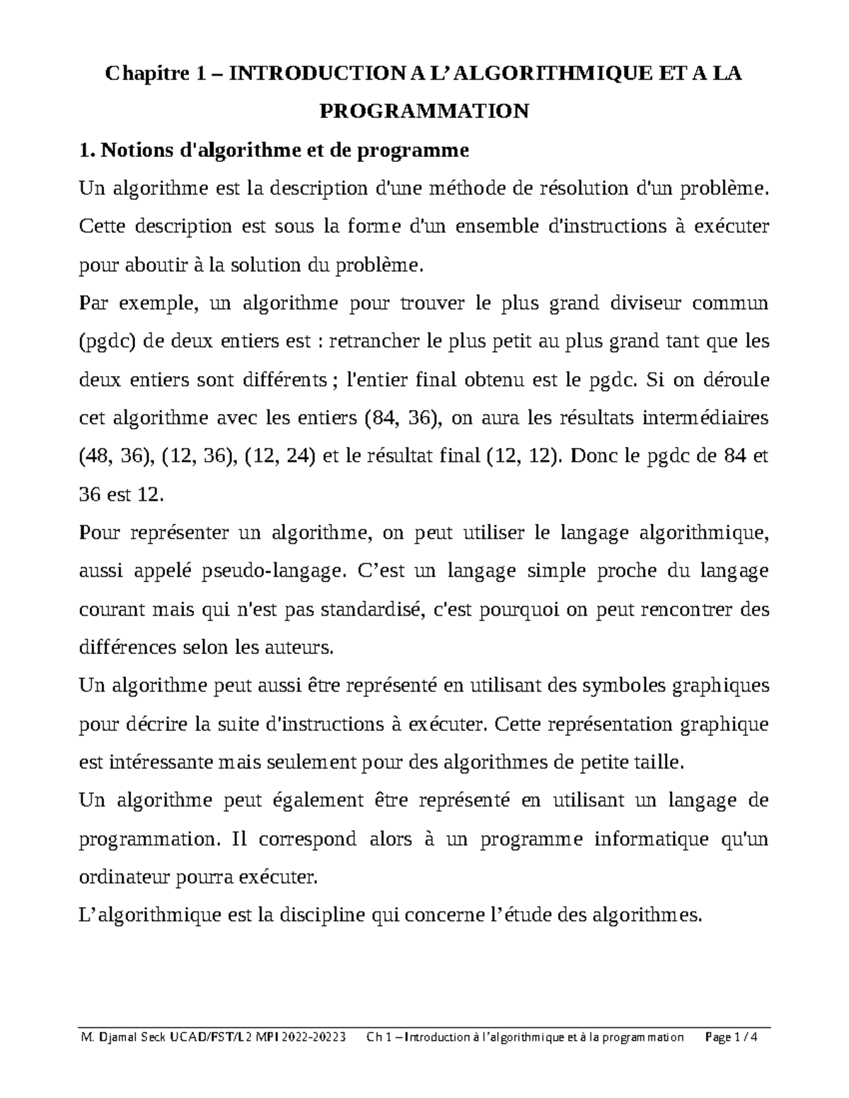 Chapitre 1 - Introduction à l'algorithmique et à la programmation - Chapitre 1 – INTRODUCTION A ...