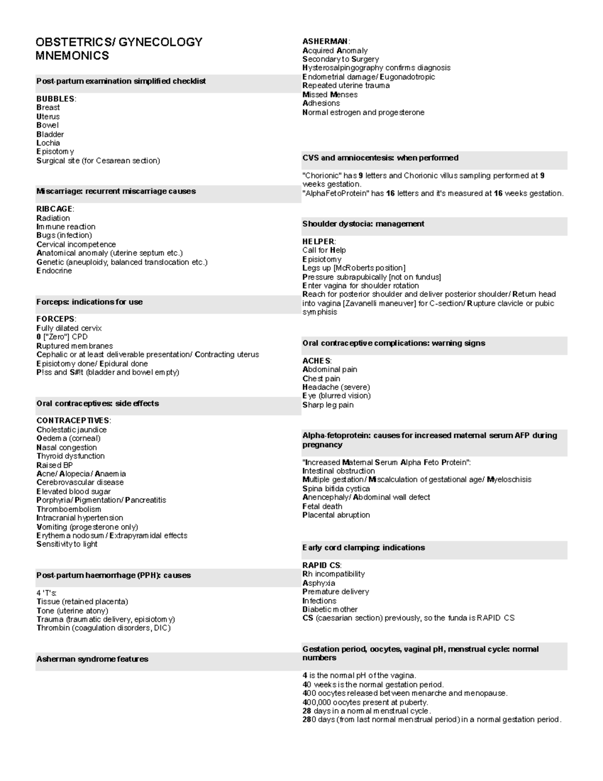 Obgyn-Mnemonics - Lecture notes - OBSTETRICS/ GYNECOLOGY MNEMONICS Post ...