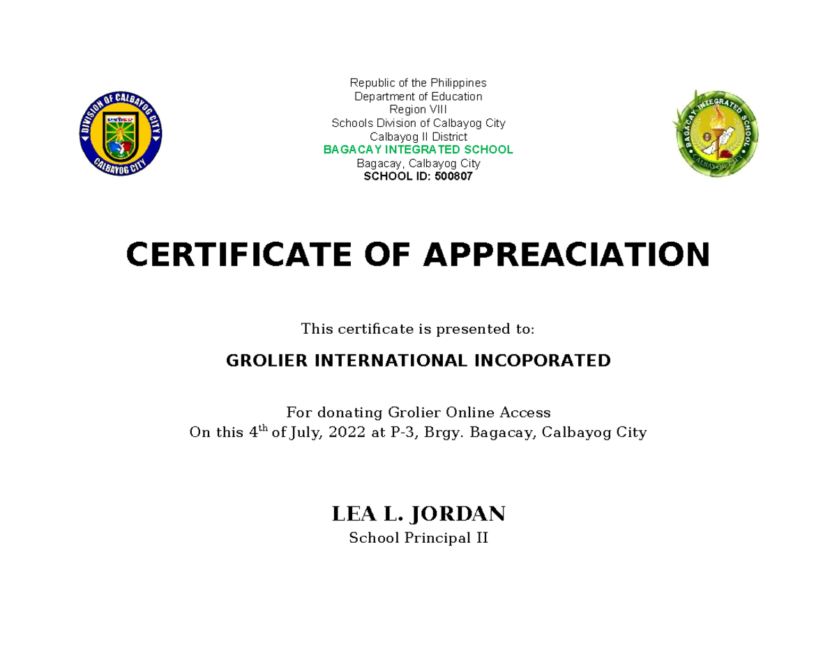Certificate of Appreciation - Republic of the Philippines Department of ...