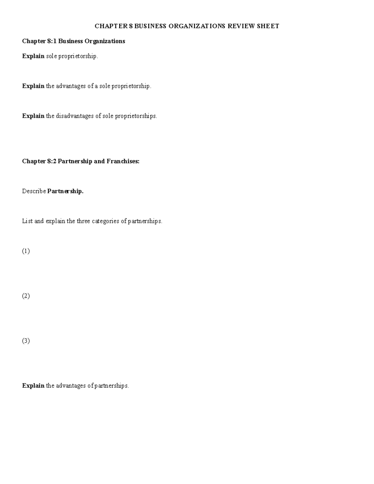 06 economics chapter 8 review sheet - CHAPTER 8 BUSINESS ORGANIZATIONS ...