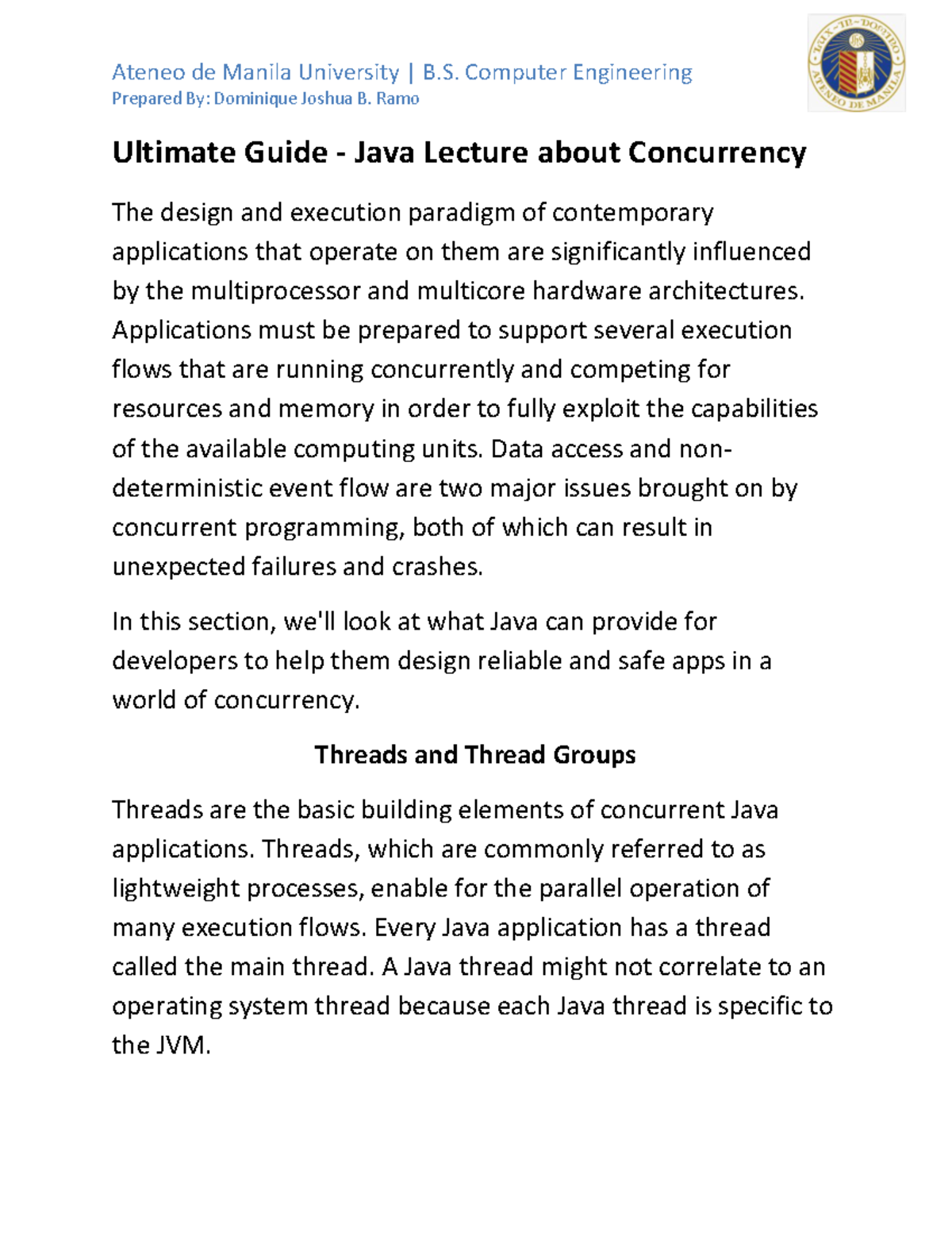 Study Guide - Java Lecture about Concurrency - Prepared By: Dominique ...