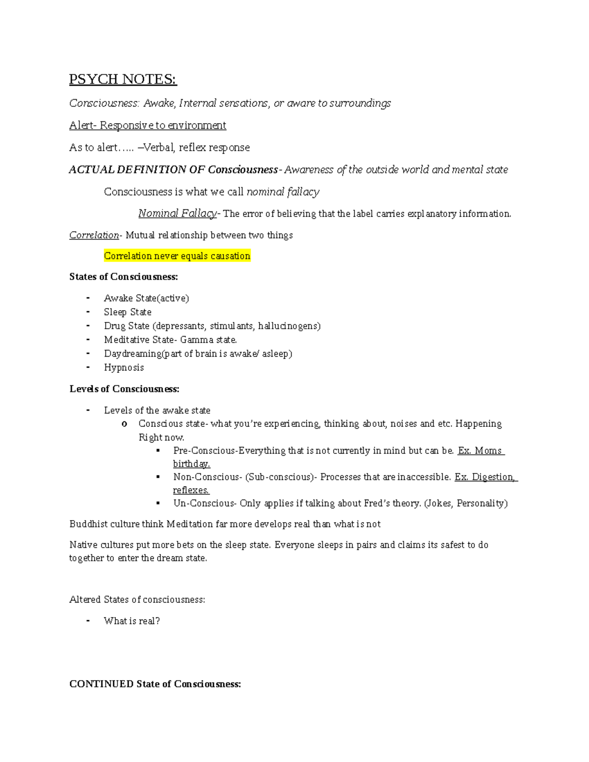 Psych notes-1 - PSYCH NOTES: Consciousness: Awake, Internal sensations ...