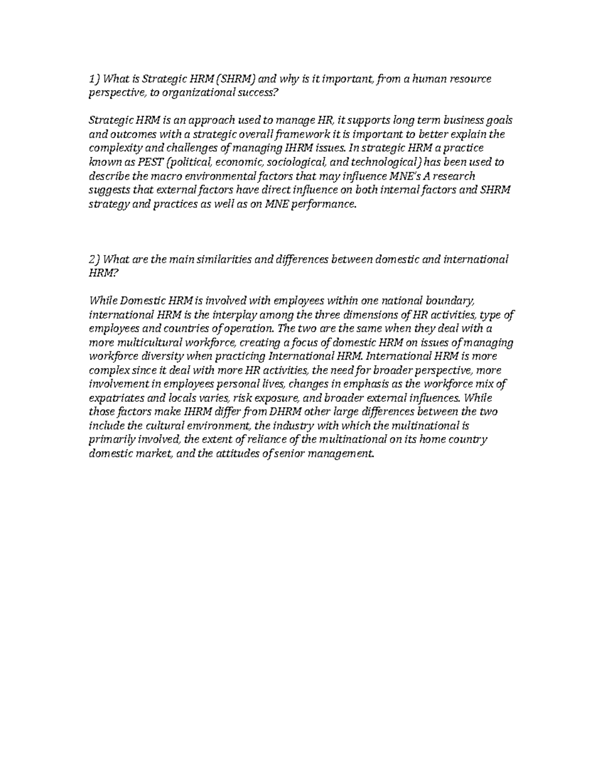 Adv. HR Assignment 1 - 1) What is Strategic HRM (SHRM) and why is it ...