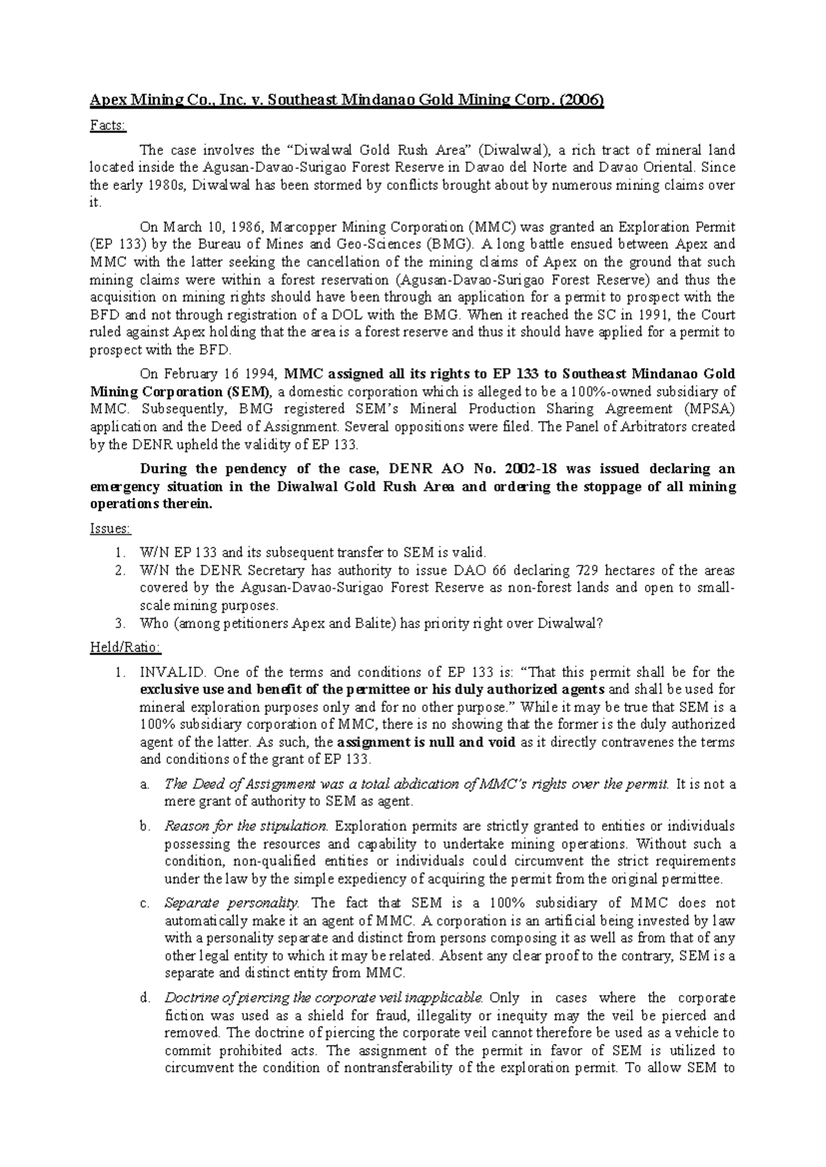 109545106 Digest Apex v Southeast Mindanao Gold Mining Corp - Apex ...