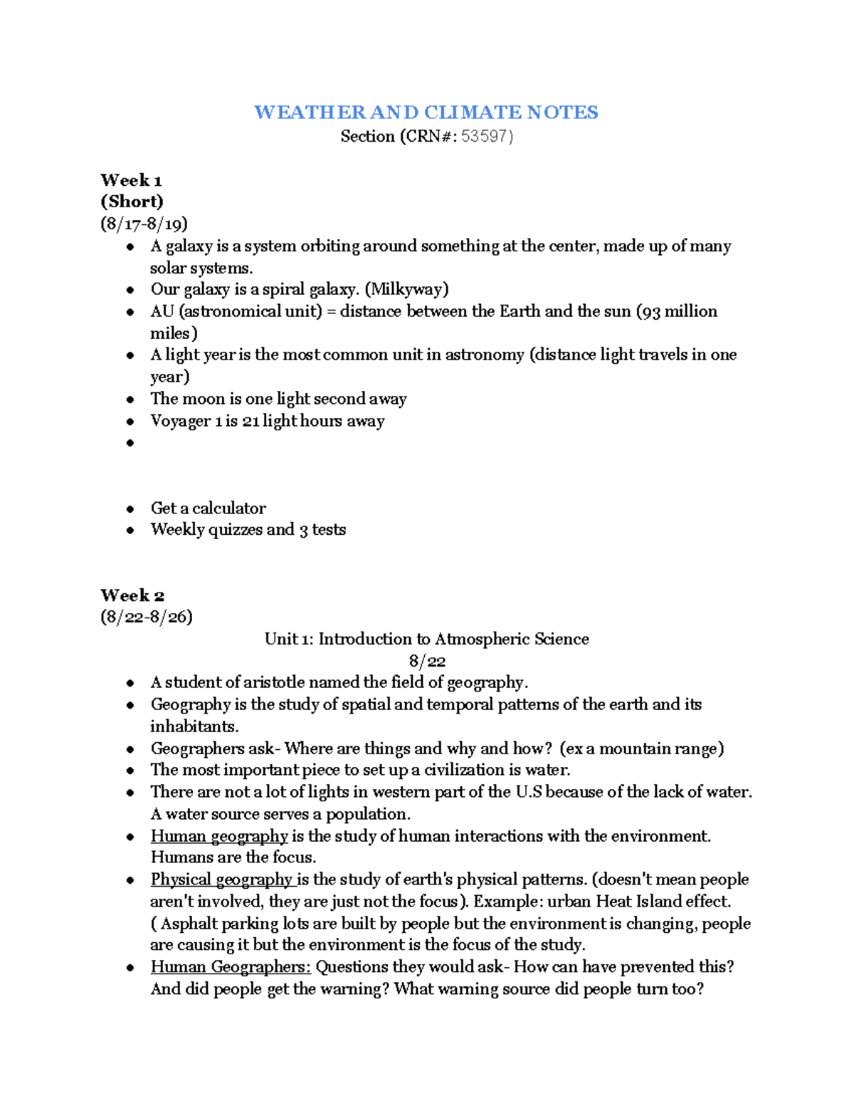 Weather and Climate UGA Notes - WEATHER AND CLIMATE NOTES Section (CRN ...