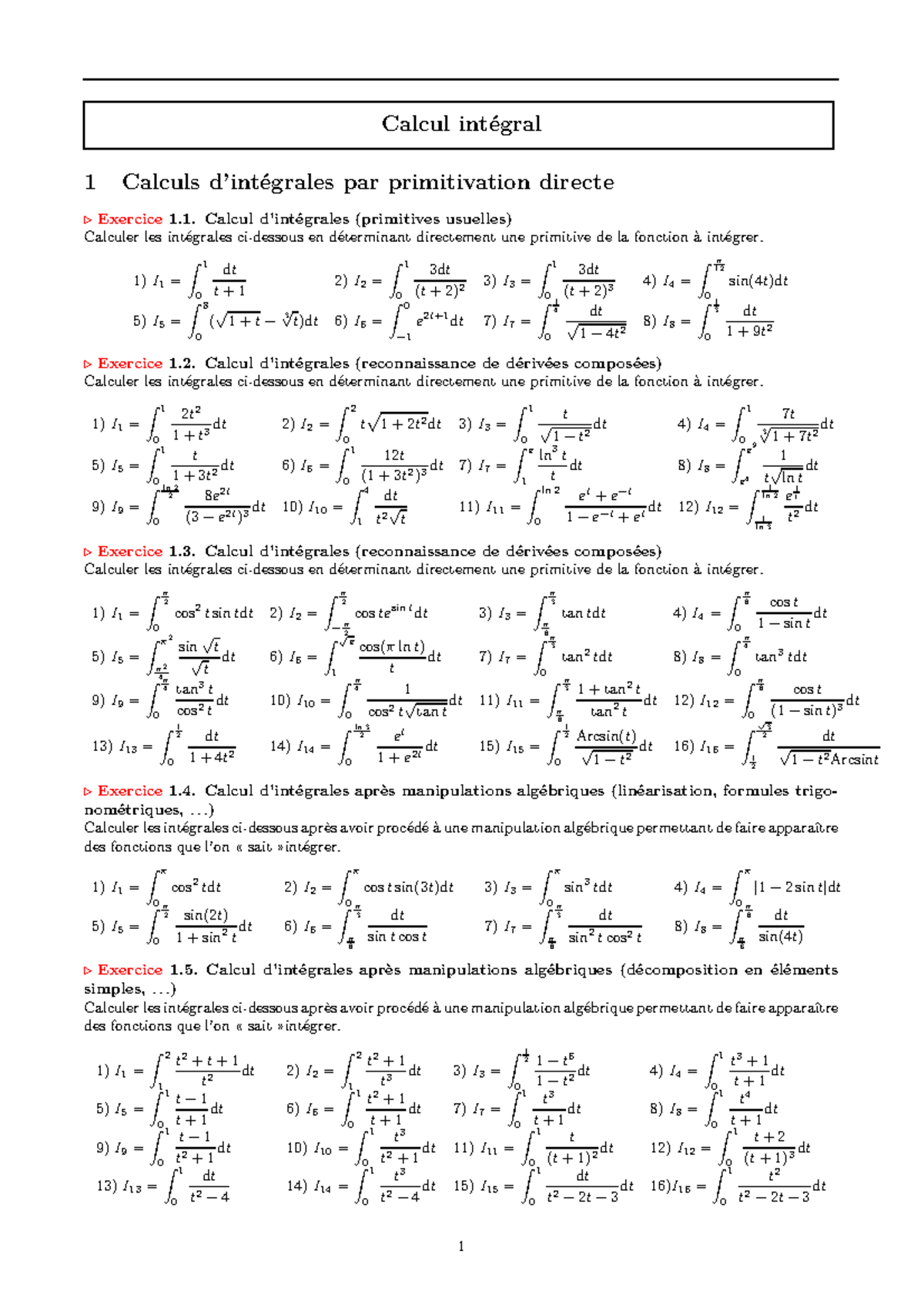Integration Calcul- Lycée Pierre de Fermat 2014/ MPSI 1 TD Calcul ...