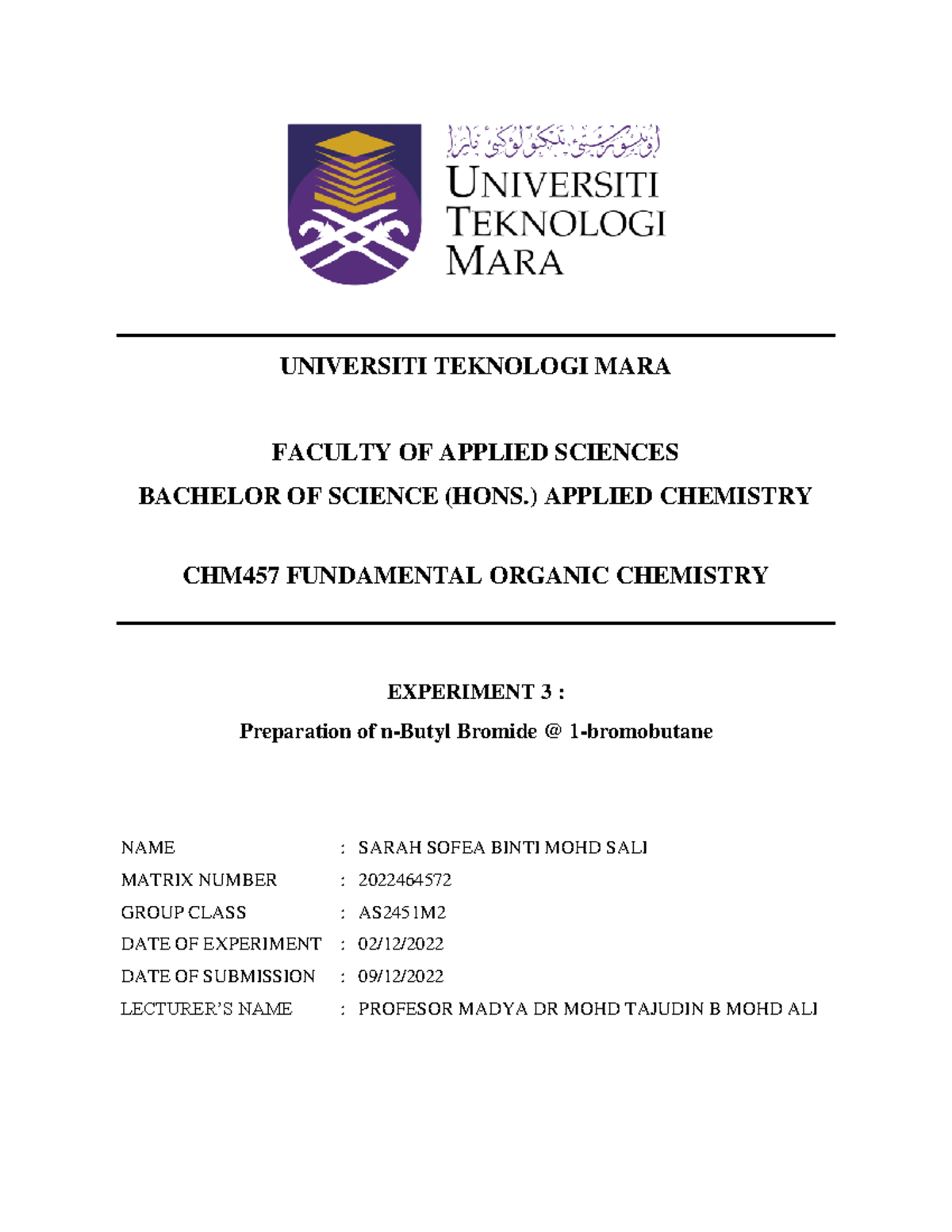 CHM457 Report 3 - Preparation of Butyl Bromide - - Studocu