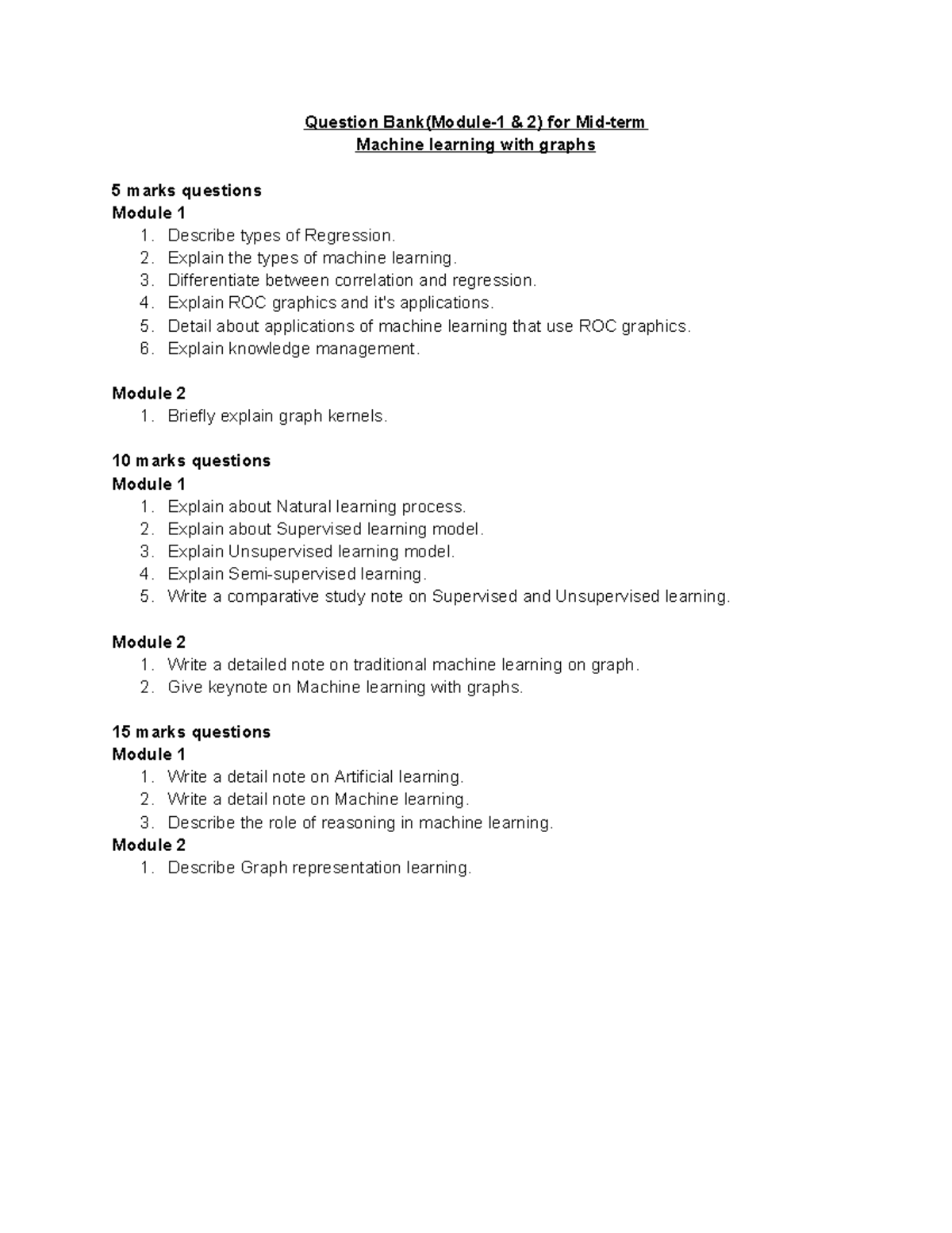 Machine learning with graphs - Question Bank(Module-1 & 2) for Mid-term ...