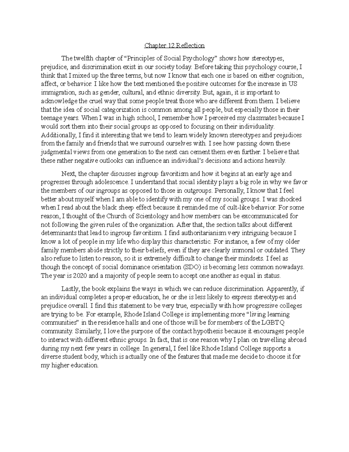 PSYC Social - Ch. 12 Reflection - Chapter 12 Reflection The twelfth ...