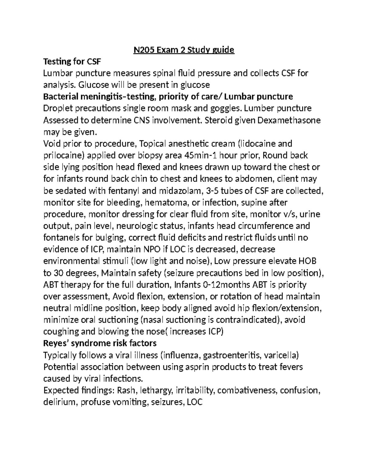 N205 Exam 2 - .... - N205 Exam 2 Study guide Testing for CSF Lumbar ...