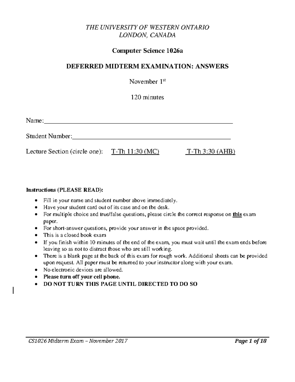 Midterm Fall 2017 Deferred Solutions - THE UNIVERSITY OF WESTERN ...