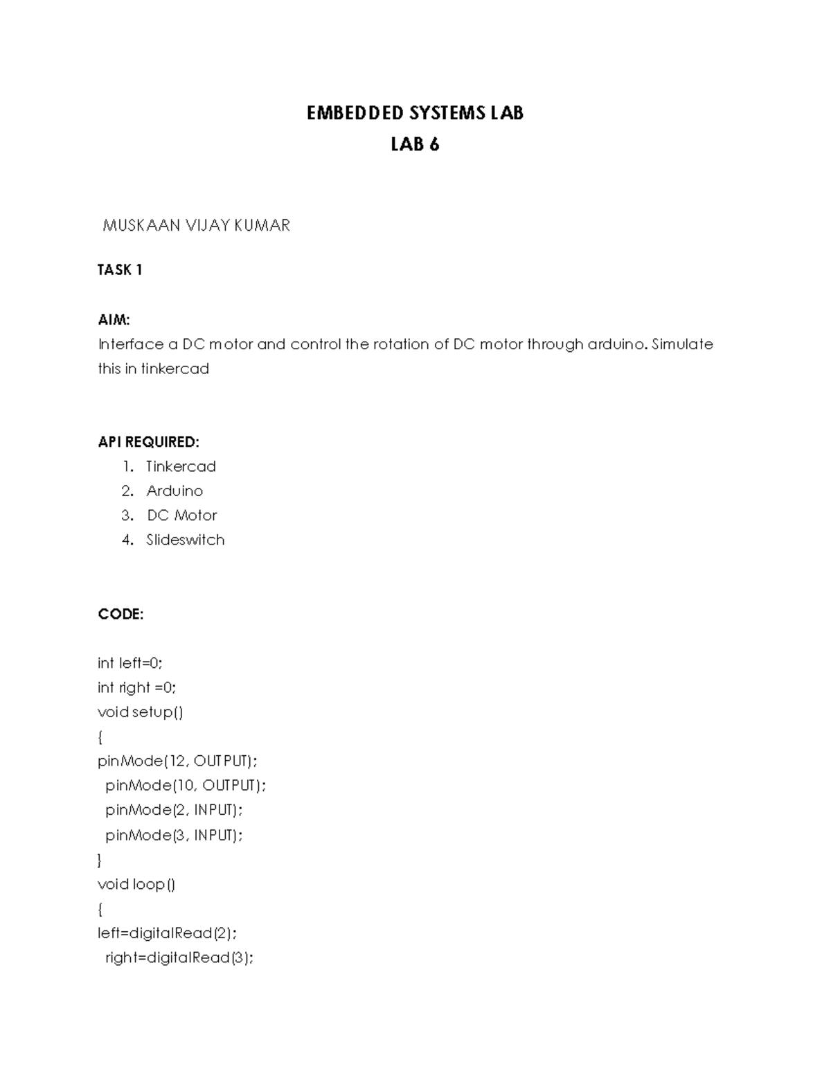 Interface a DC motor - EMBEDDED SYSTEMS LAB LAB 6 MUSKAAN V 19BCE TASK ...