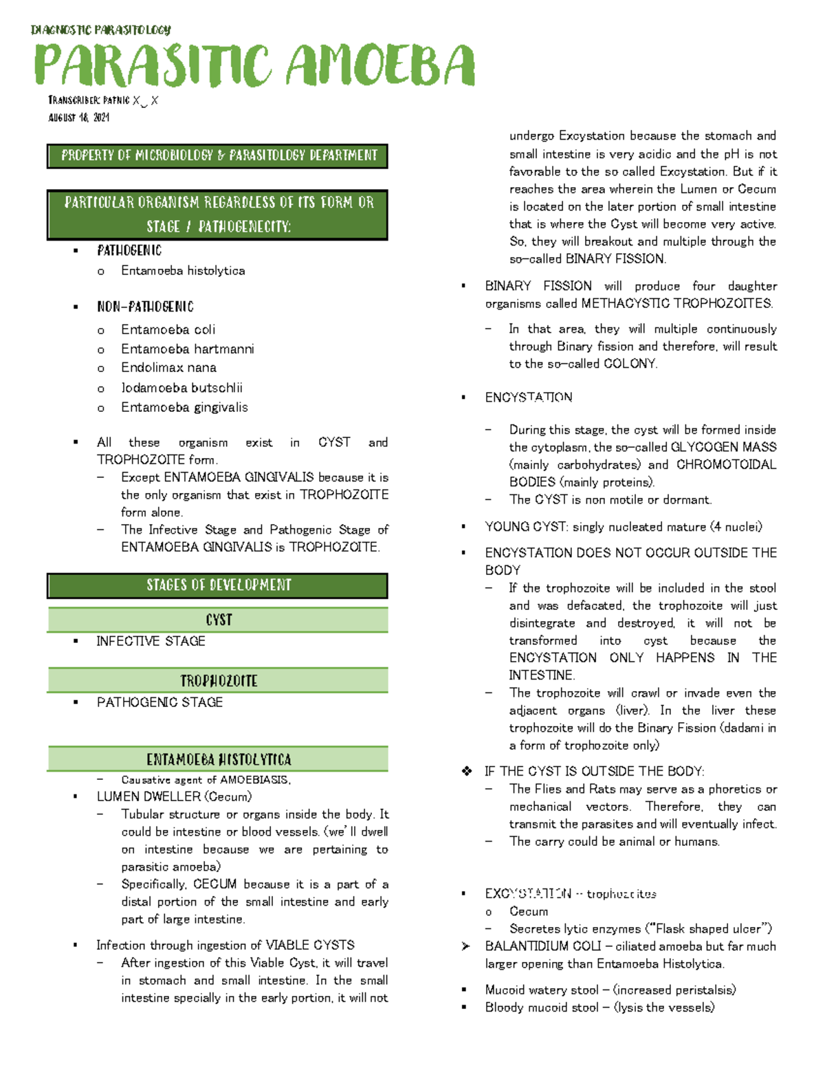 [PARA Lec] Parasitic Amoeba - Transcriber: patnic ⏝ August 18, 2021 ...