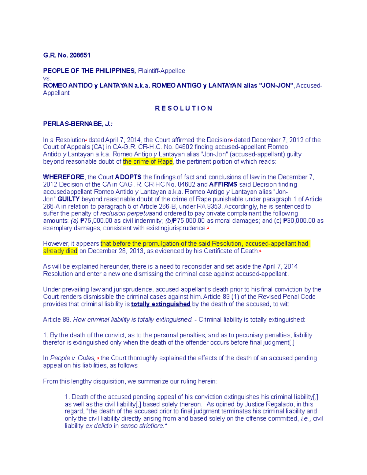 Extinction of Criminal Liability - G. No. 208651 PEOPLE OF THE ...