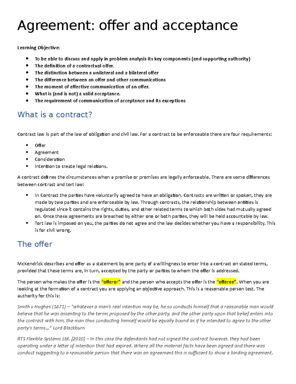 Notes on Agreement in Contract - Agreement: offer and acceptance ...