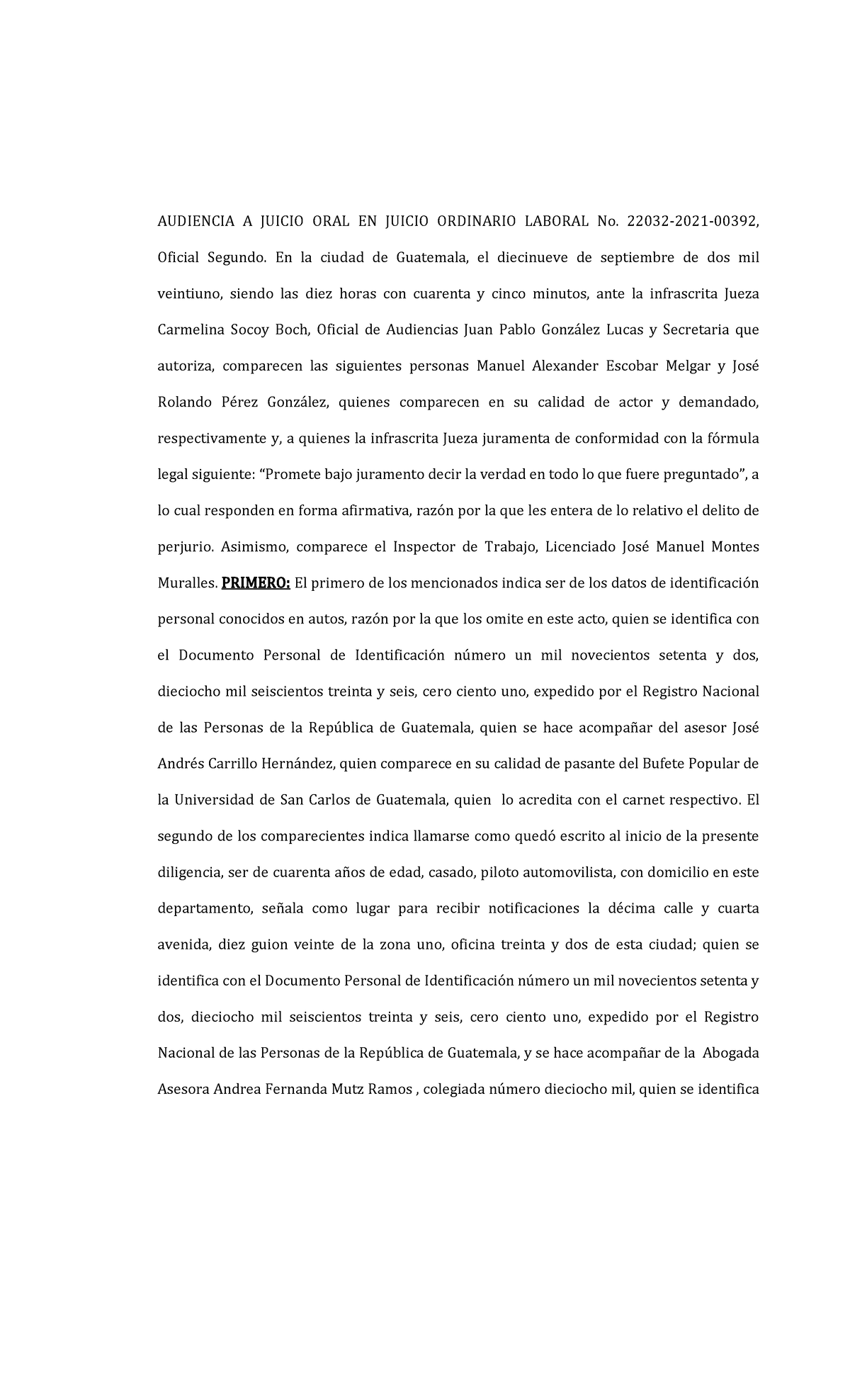 ACTA DE Audiencia ( Actor Y Demandado) 19-09-2021 - AUDIENCIA A JUICIO ...