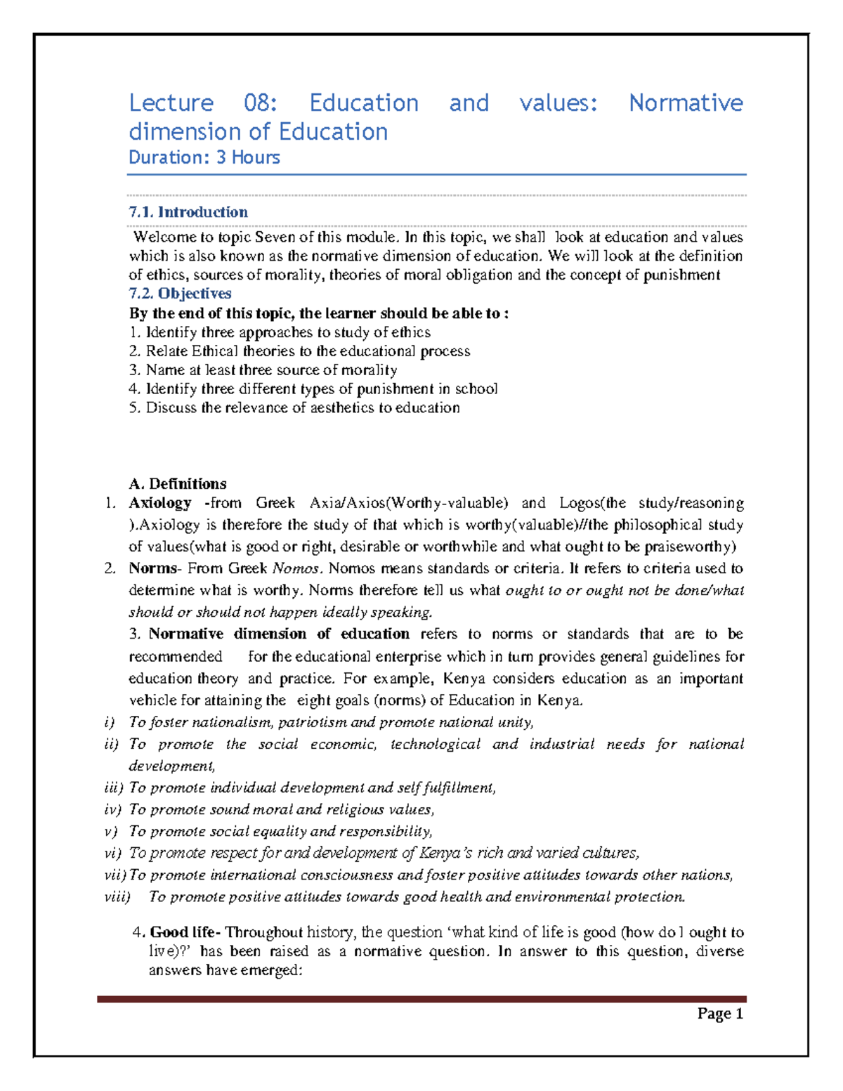 Normative Dimension - notes - Lecture 08 : Education and values ...