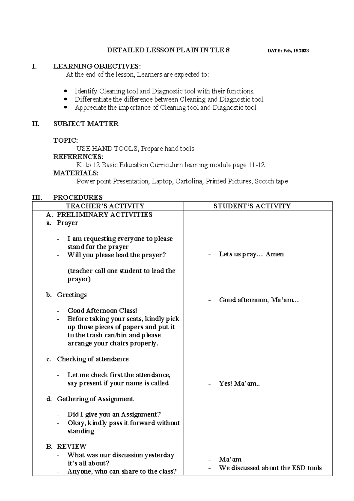 TLE LP 8 - lesson plan in ICT - DETAILED LESSON PLAIN IN TLE 8 DATE ...