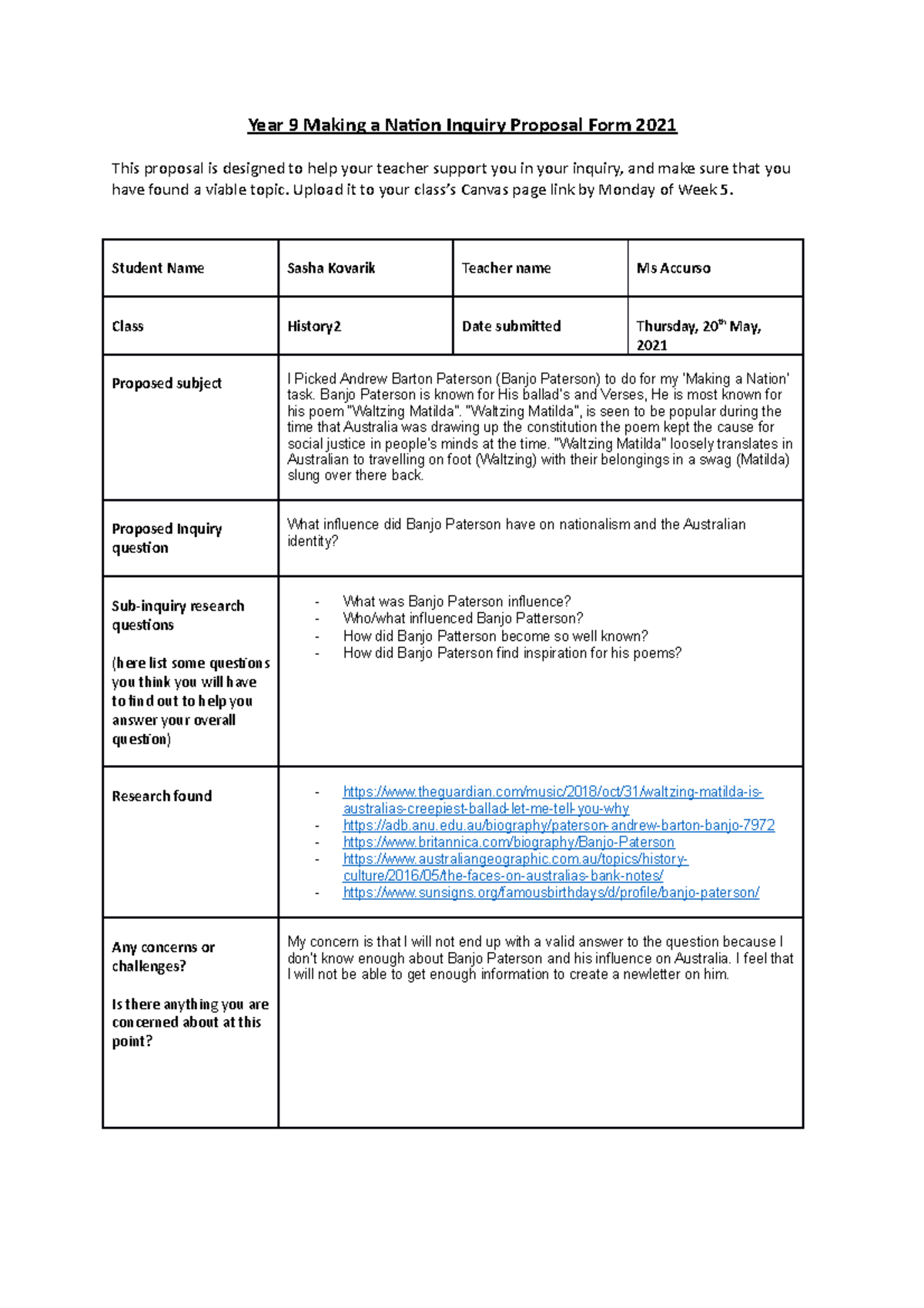 History Assessment proposal form - Year 9 Making a Nation Inquiry ...