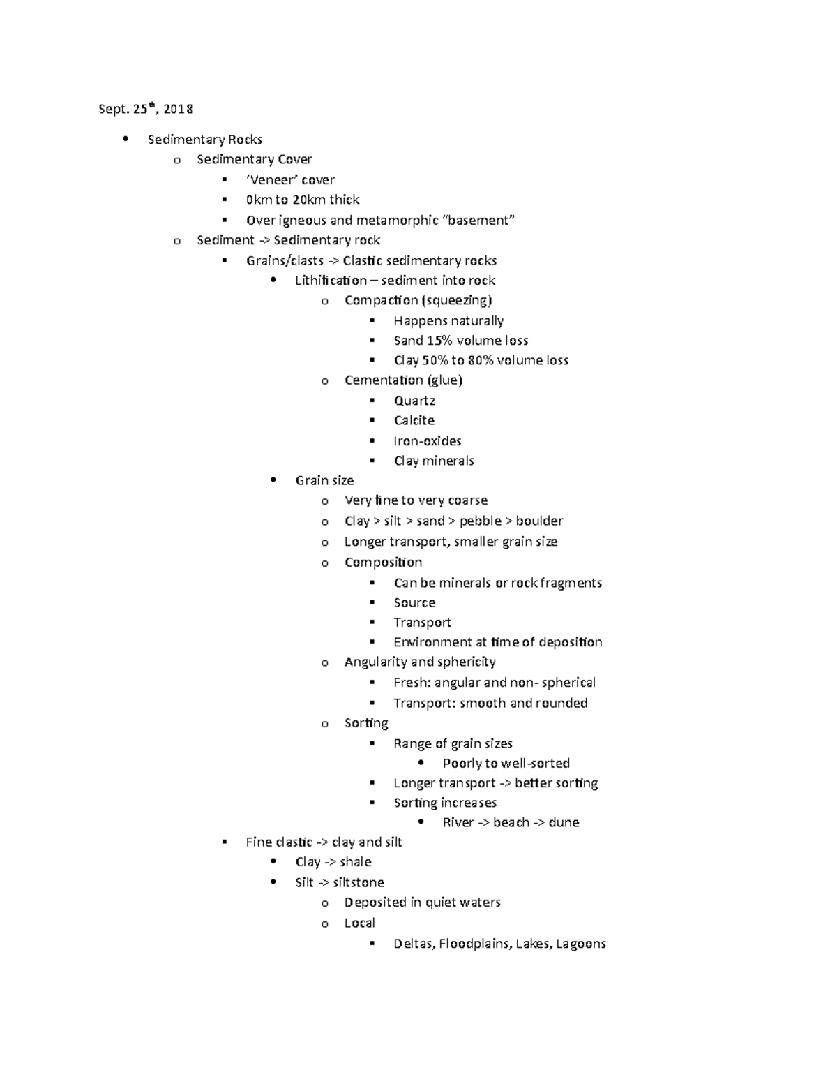 Geology 101 Notes for Exam 3 - Sept. 25th, 2018 Sedimentary Rocks o ...