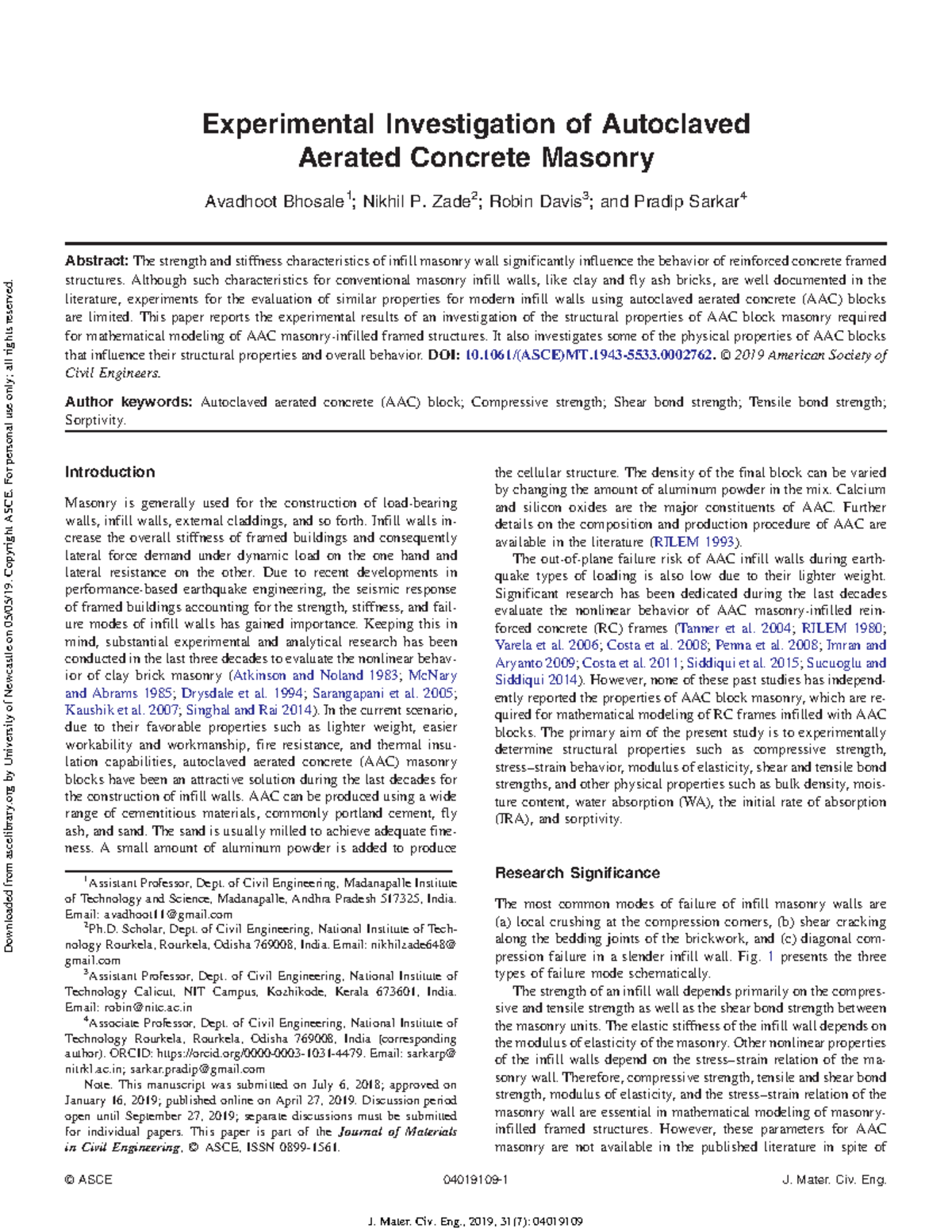 Experimental Investigation Of Autoclaved Aerated Concrete Masonry