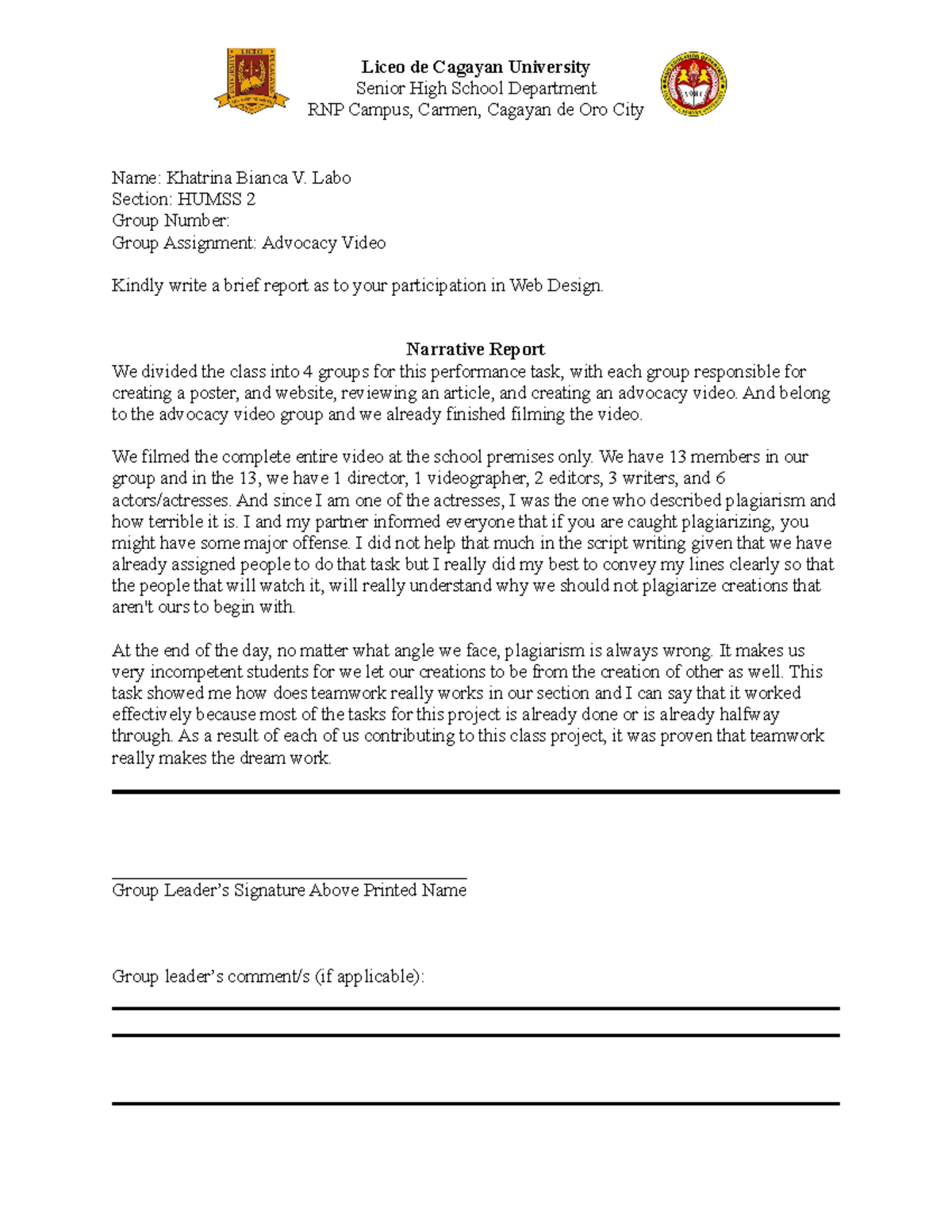 Narrative Report Format - Liceo de Cagayan University Senior High ...