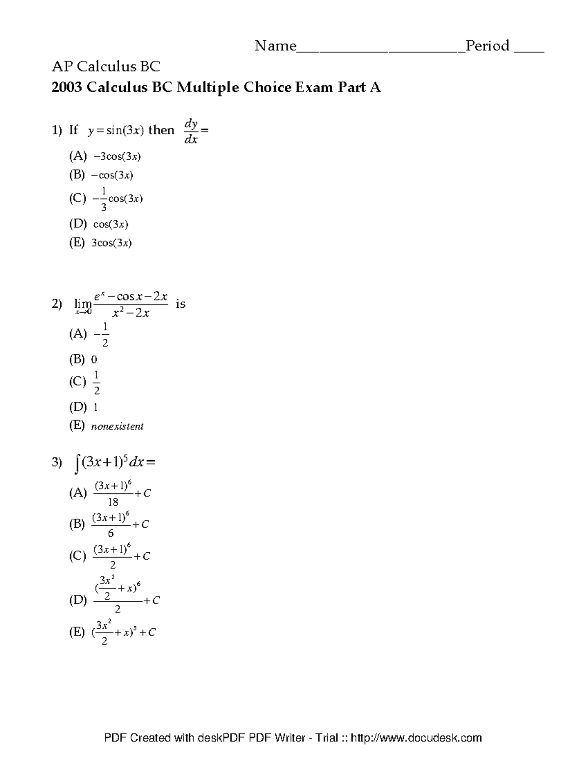 AP Calculus Test 2003 - GOOD - Name______________________Period ____ AP ...