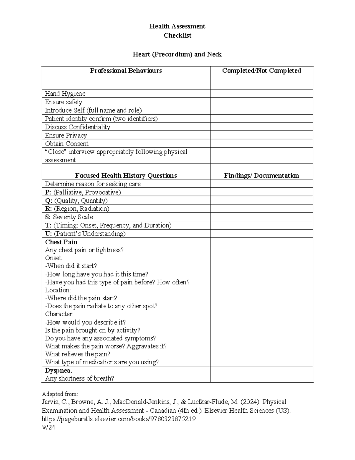 Heart and Neck Checklist SS24 - Checklist Heart (Precordium) and Neck ...
