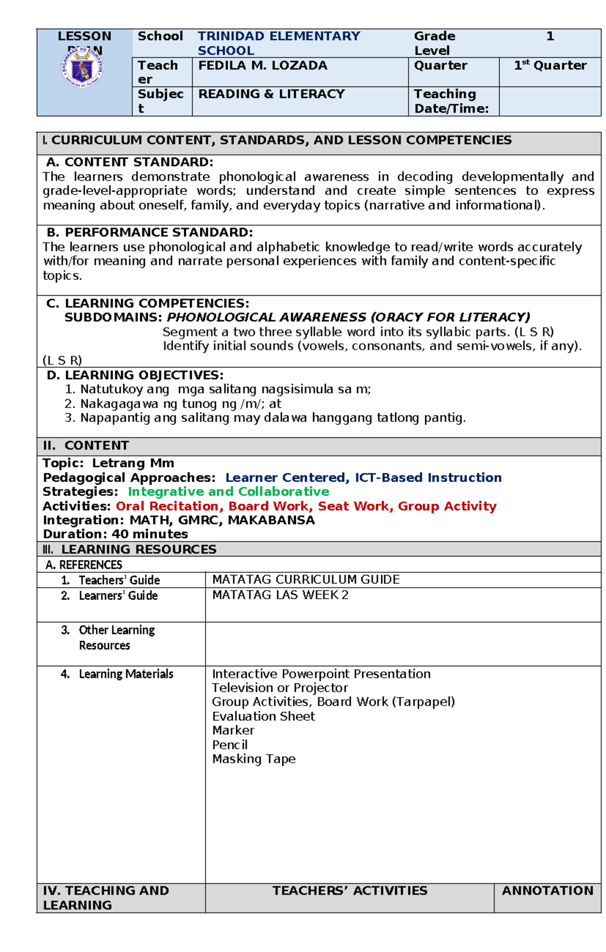 Lesson PLAN COT Reading & Literacy - LESSON PLAN School TRINIDAD ...