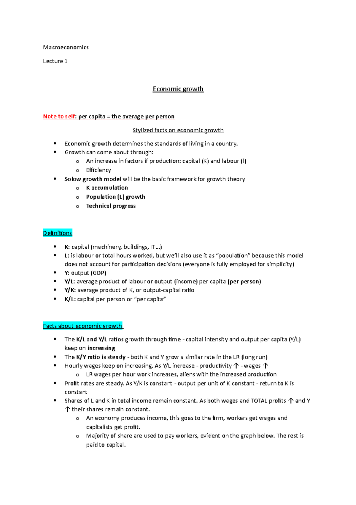 L1 Economic Growth - Macroeconomics Lecture 1 Economic growth Note to ...