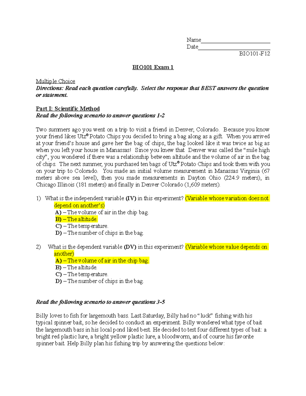 BIO101 F08 Exam I - Name_______________________ Date ...
