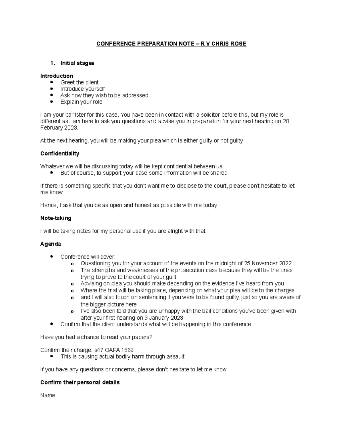 Conference note - ABH charge - CONFERENCE PREPARATION NOTE – R V CHRIS ...