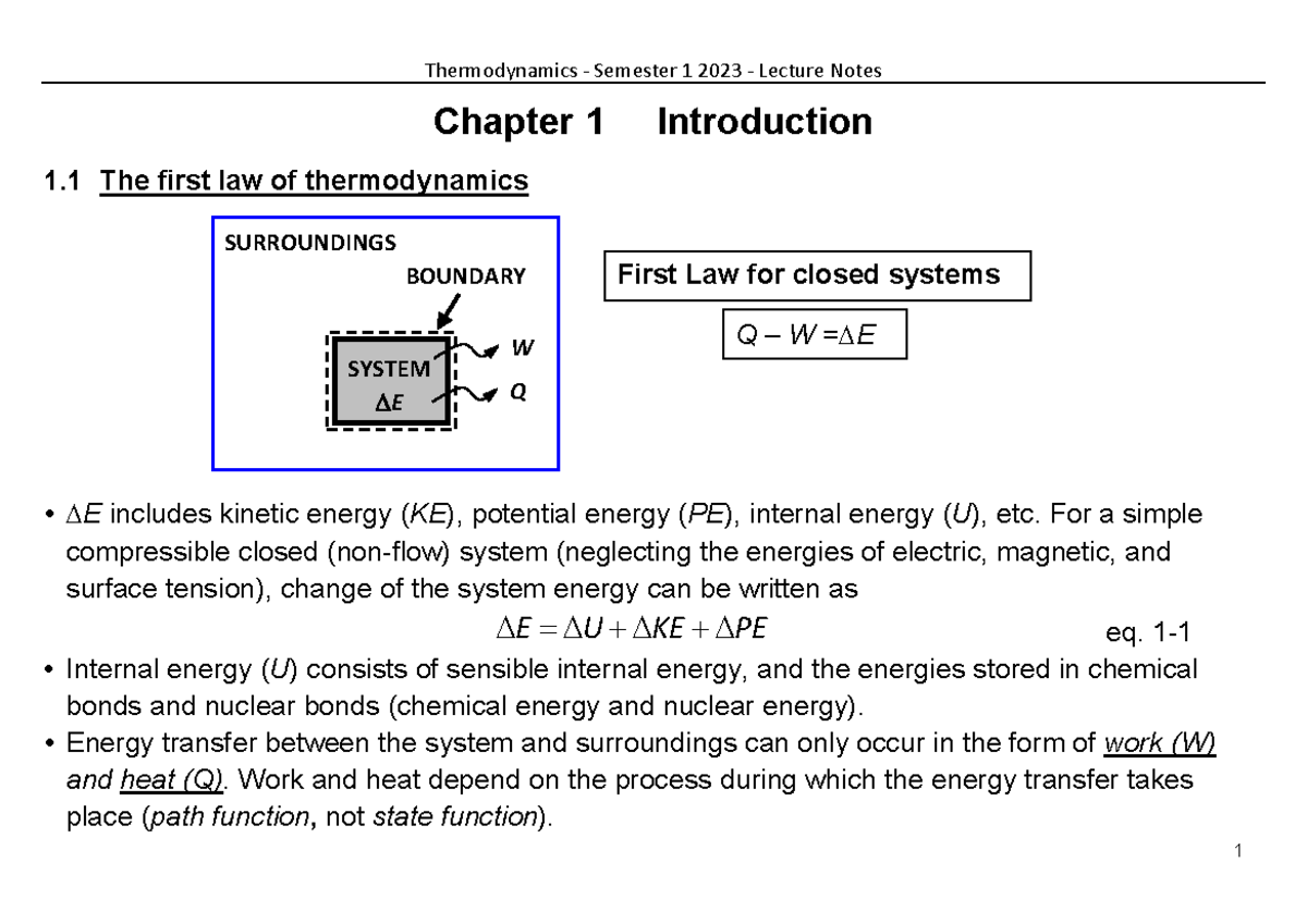 Thermodynamics 2023 Chap-1 - Chapter 1 Introduction 1 The first law of ...