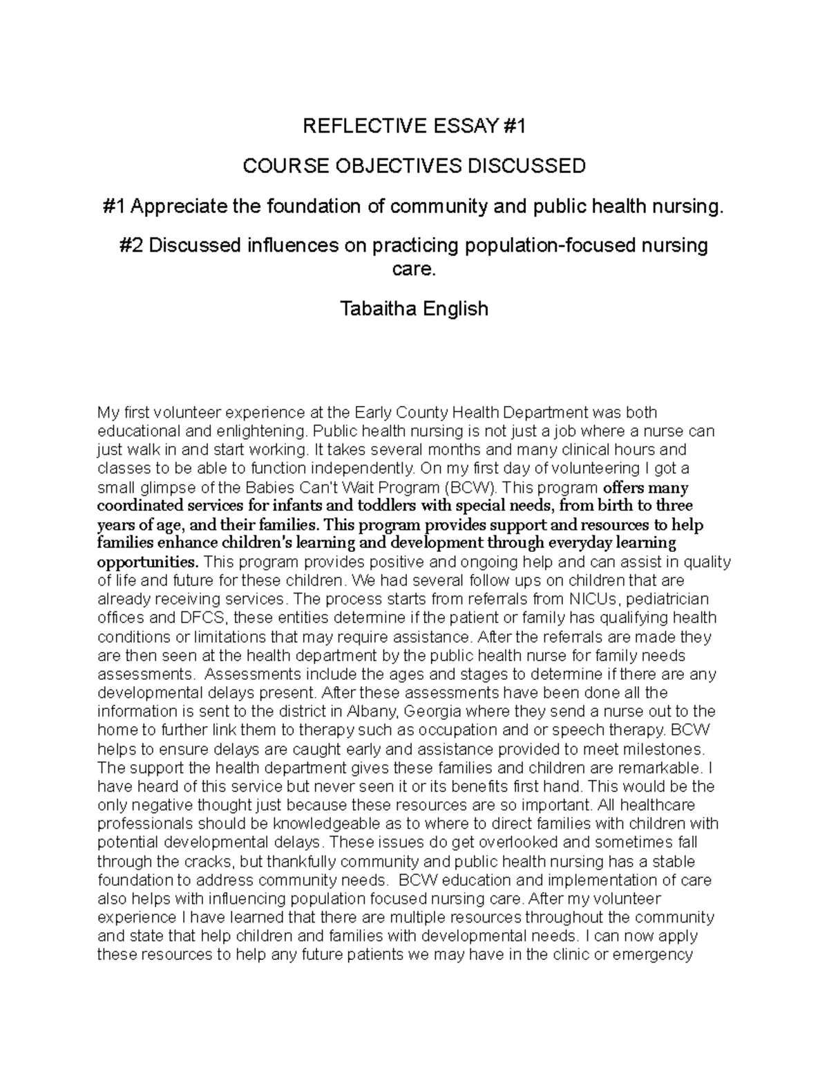 TEnglish Reflective Essay #1 - REFLECTIVE ESSAY COURSE OBJECTIVES ...