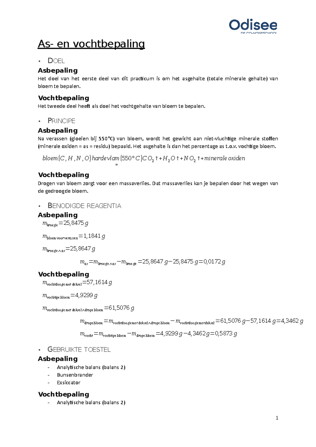 Verslag Practicum As- en Vochtbepaling - Labo chemische analyse ...