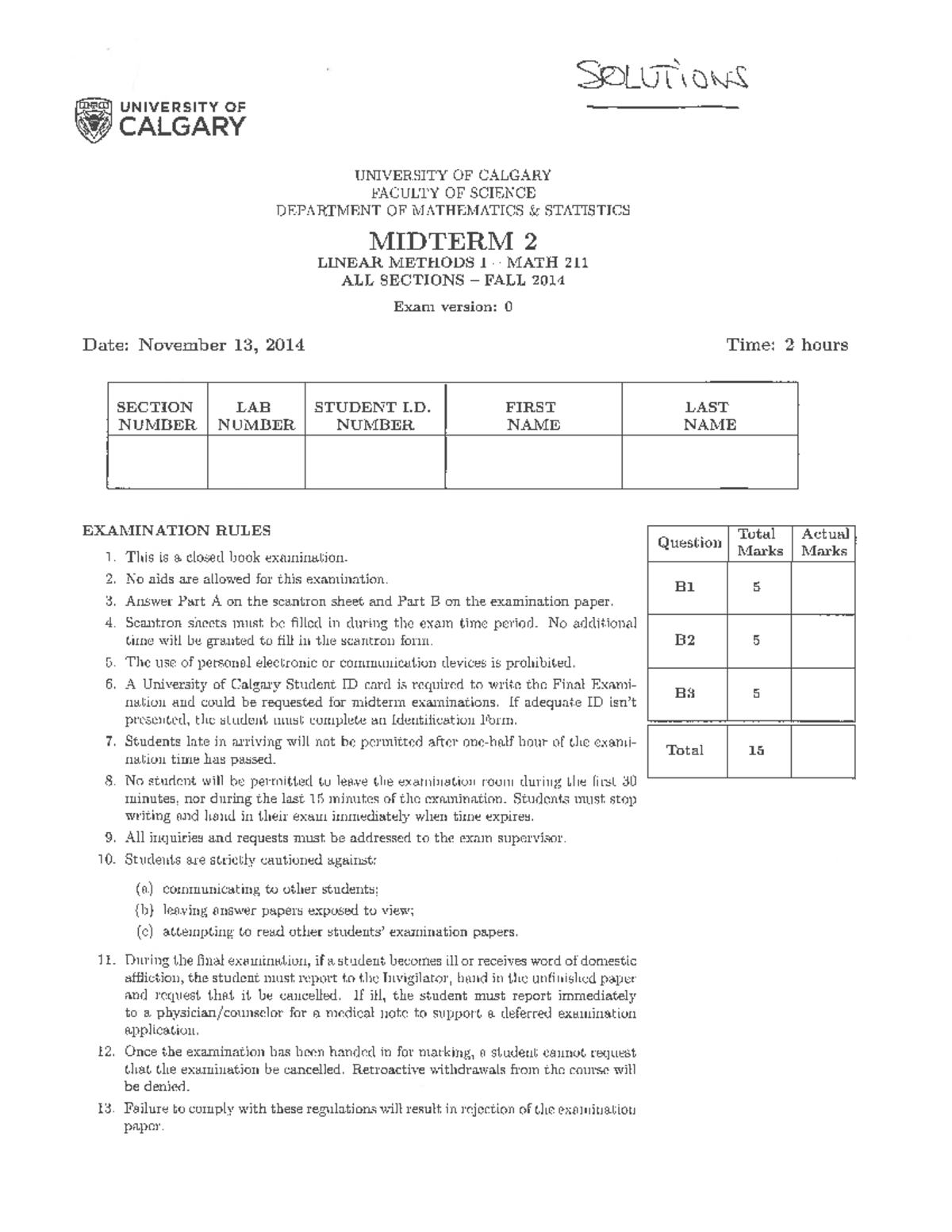 Midterm 2 13 November 2014, questions and answers - MATH 211 - Studocu