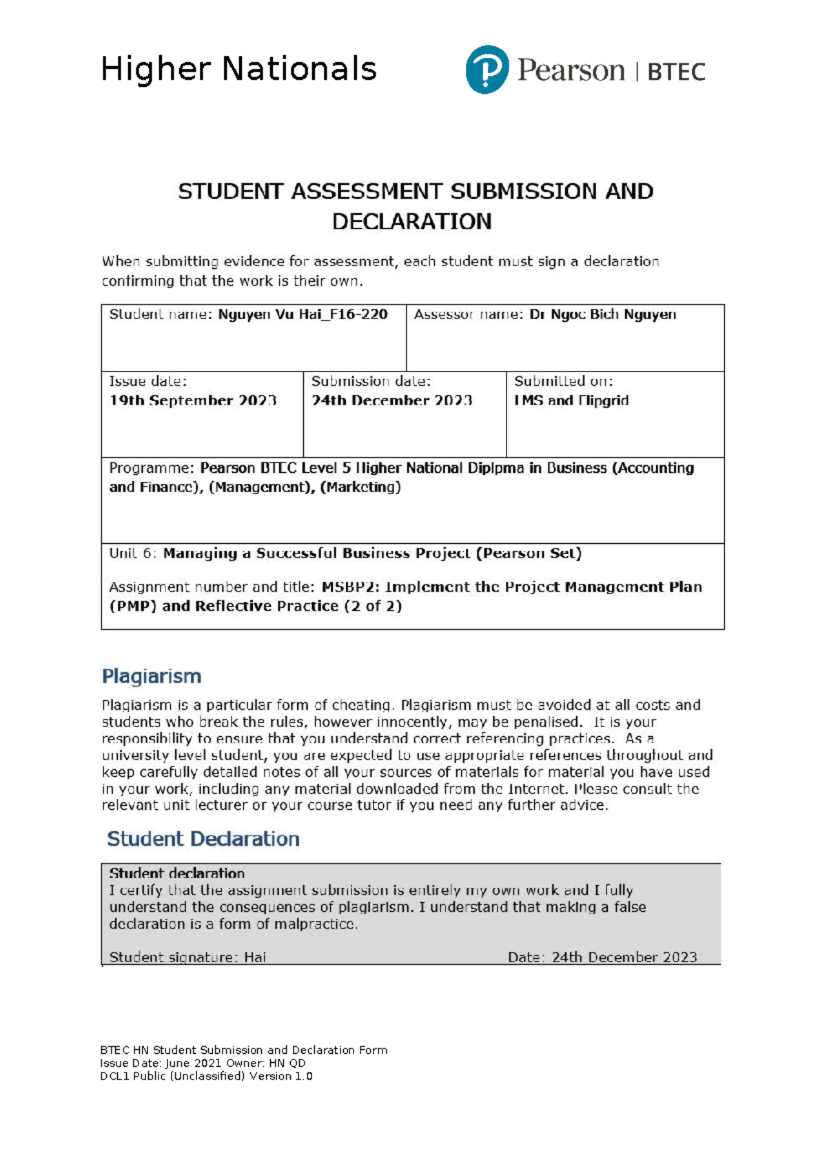 AP điểm D full HD ko che - BTEC HN Student Submission and Declaration Form Issue Date: June 2021 ...