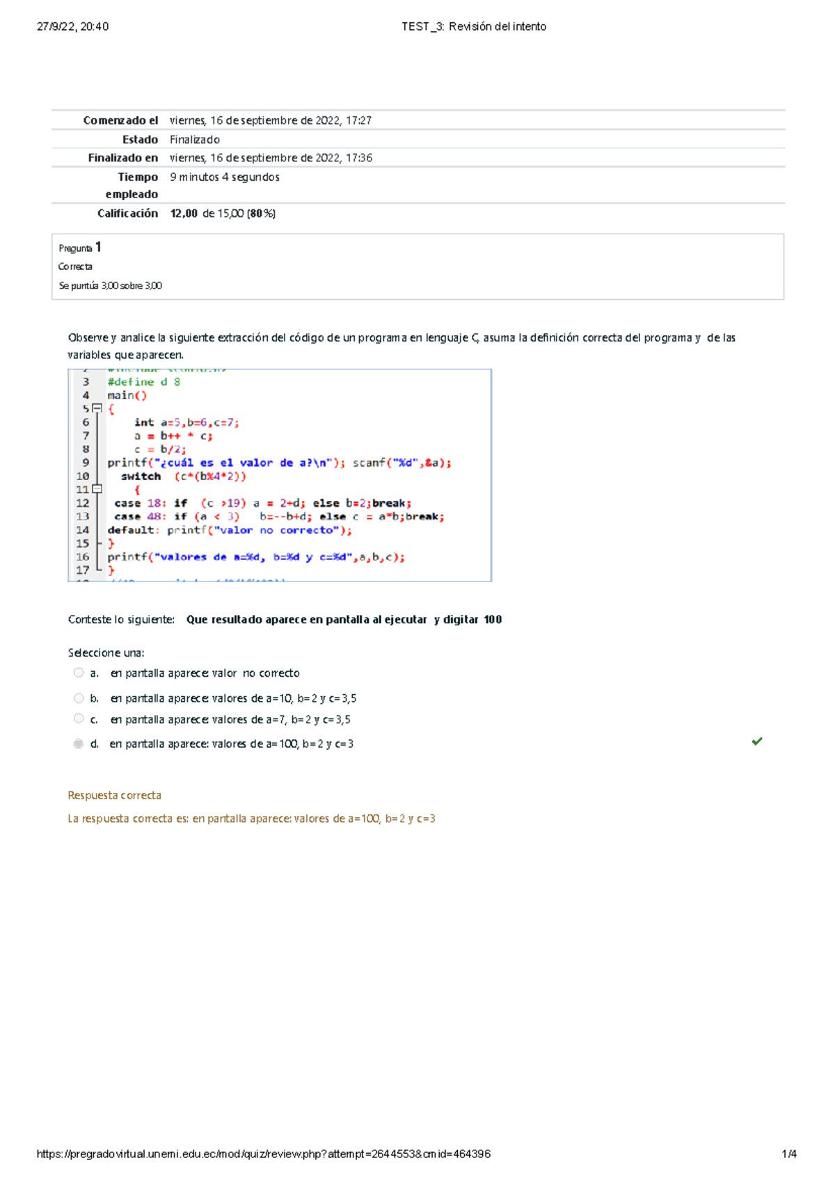 TEST 3 Fundamentos de la programación - Comenzado el viernes, 16 de ...