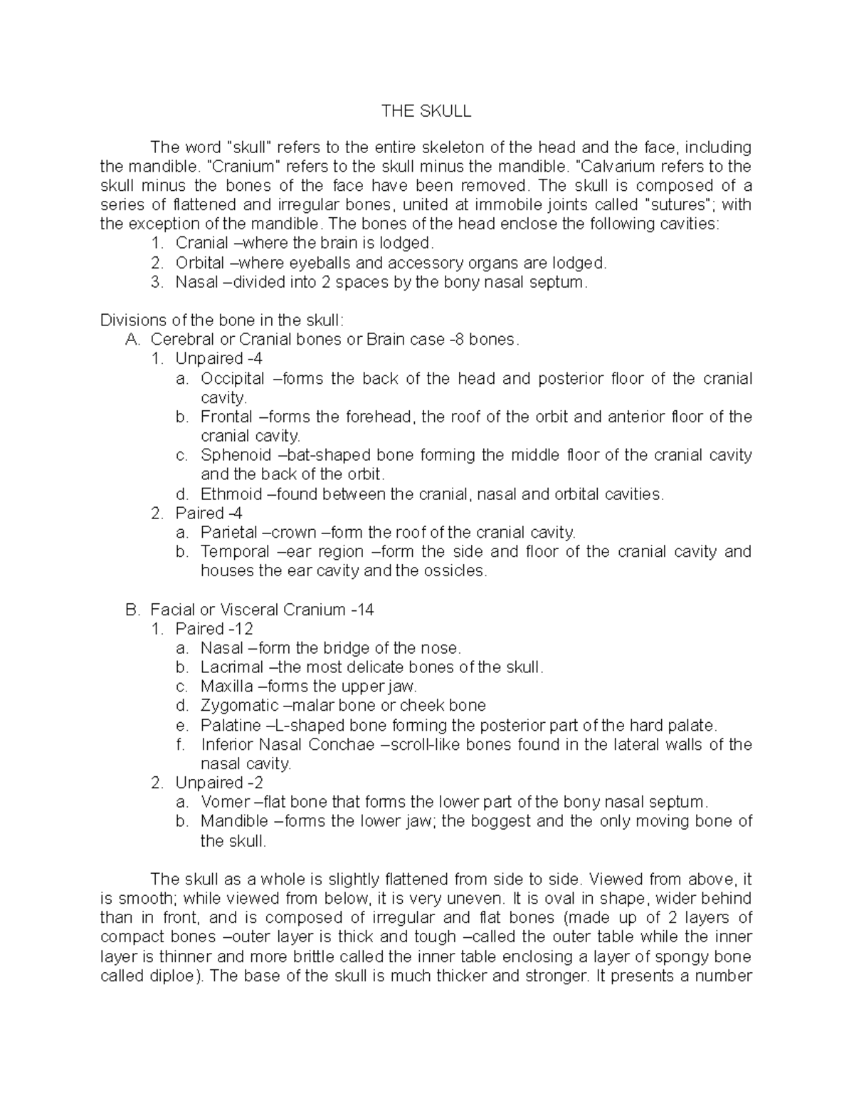 THE Skull Lecture Notes 1 THE SKULL The Word skull Refers To The