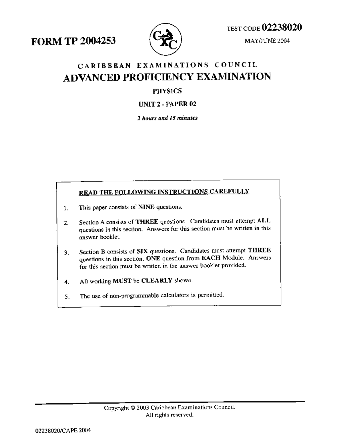 Cape Physics 2004 U2 P2 Past Paper Test Code 02238020 Form Tp