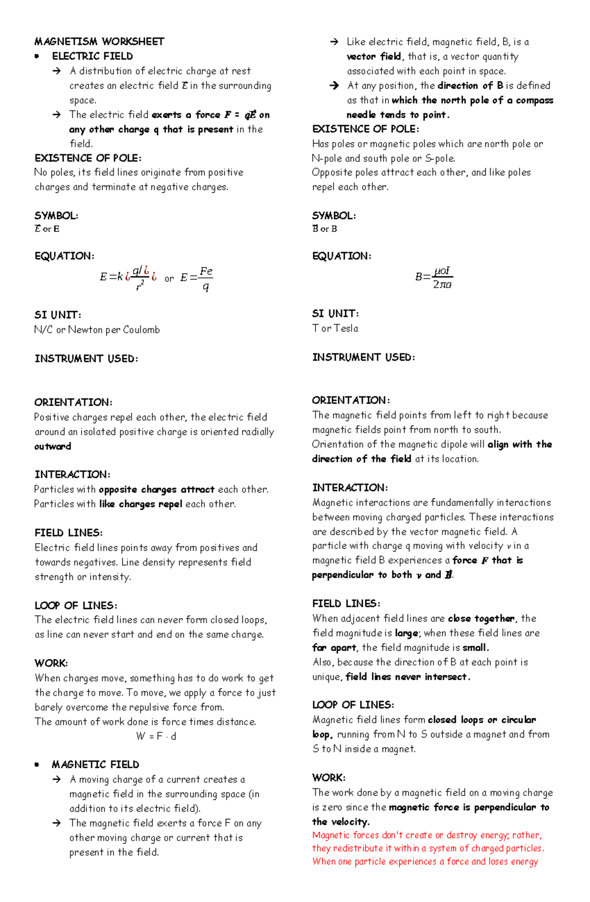 Physics Reviewer - notes - MAGNETISM WORKSHEET ELECTRIC FIELD A ...