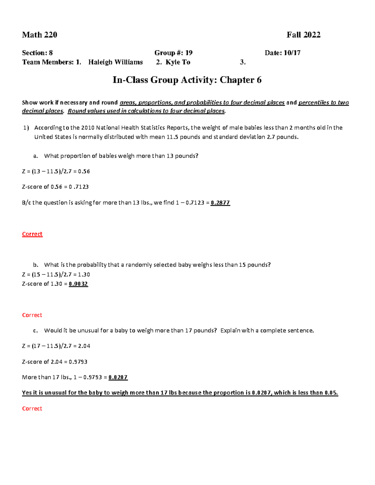 In-Class Activity Chapter 6 - Math 220 Fall 2022 Section: 8 Group #: 19 ...