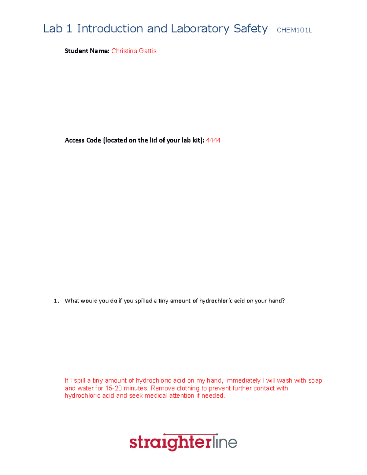 CHEM101L Lab 1 - Lab - Lab 1 Introduction and Laboratory Safety Student ...