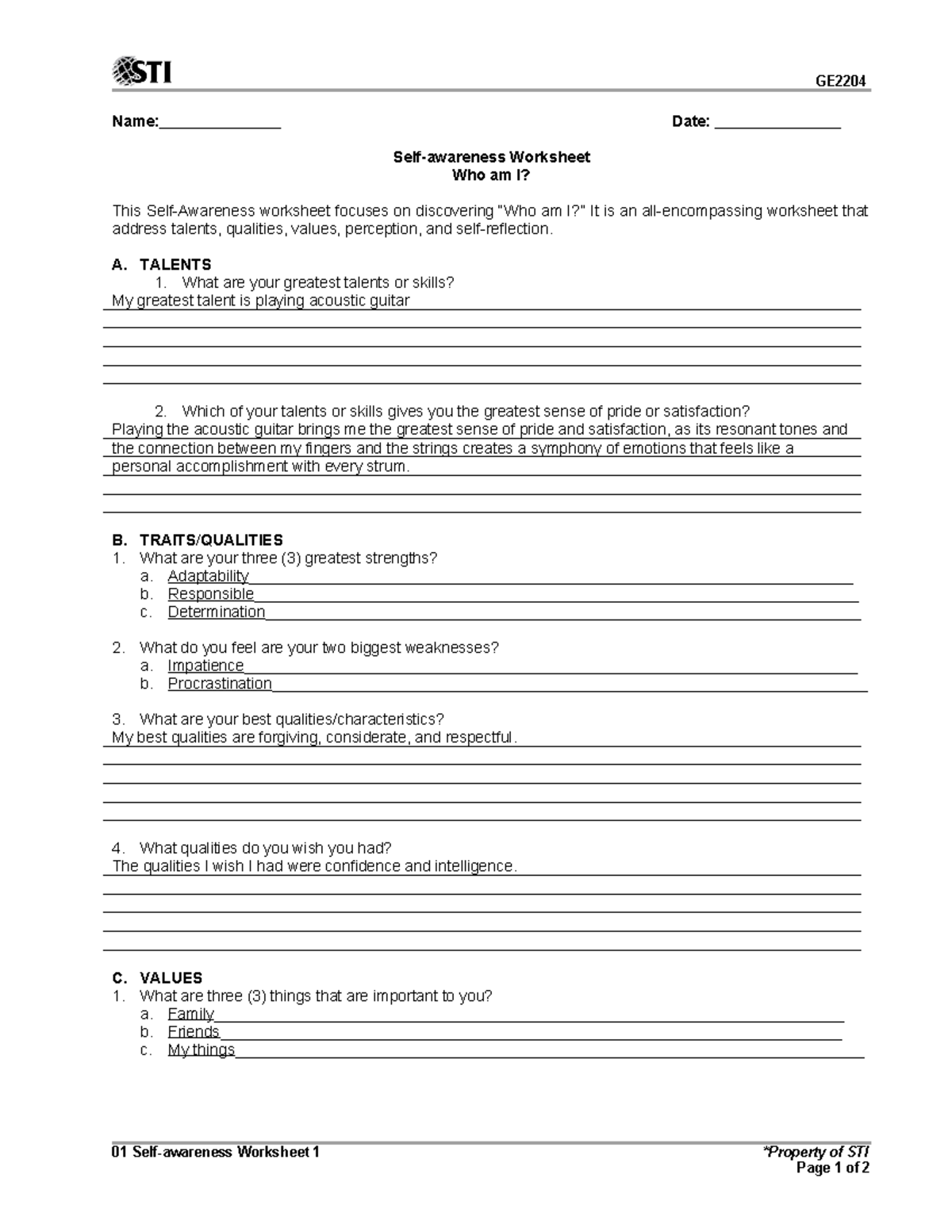 01 Self-awareness Worksheet 1 - GE Name: Date: Self-awareness Worksheet ...