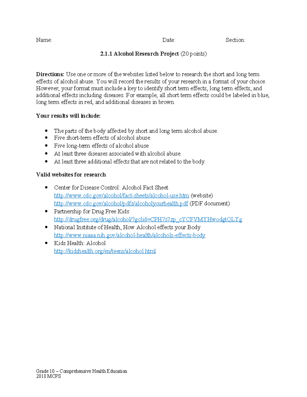 2.1.1Alcohol Research - Name: Date: Section: 2.1 Alcohol Research ...