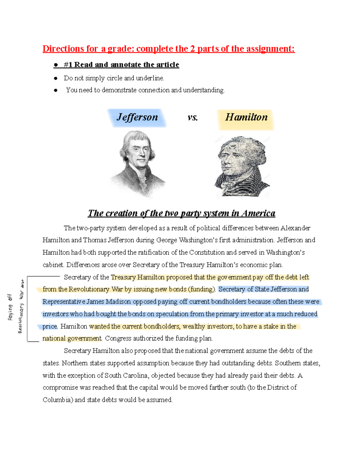 Copy of Hamilton Vs. Jefferson - Directions for a grade: complete the 2 ...