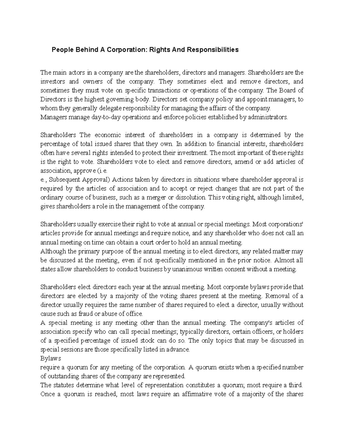 Rights And Responsibilities - Shareholders are the investors and owners ...