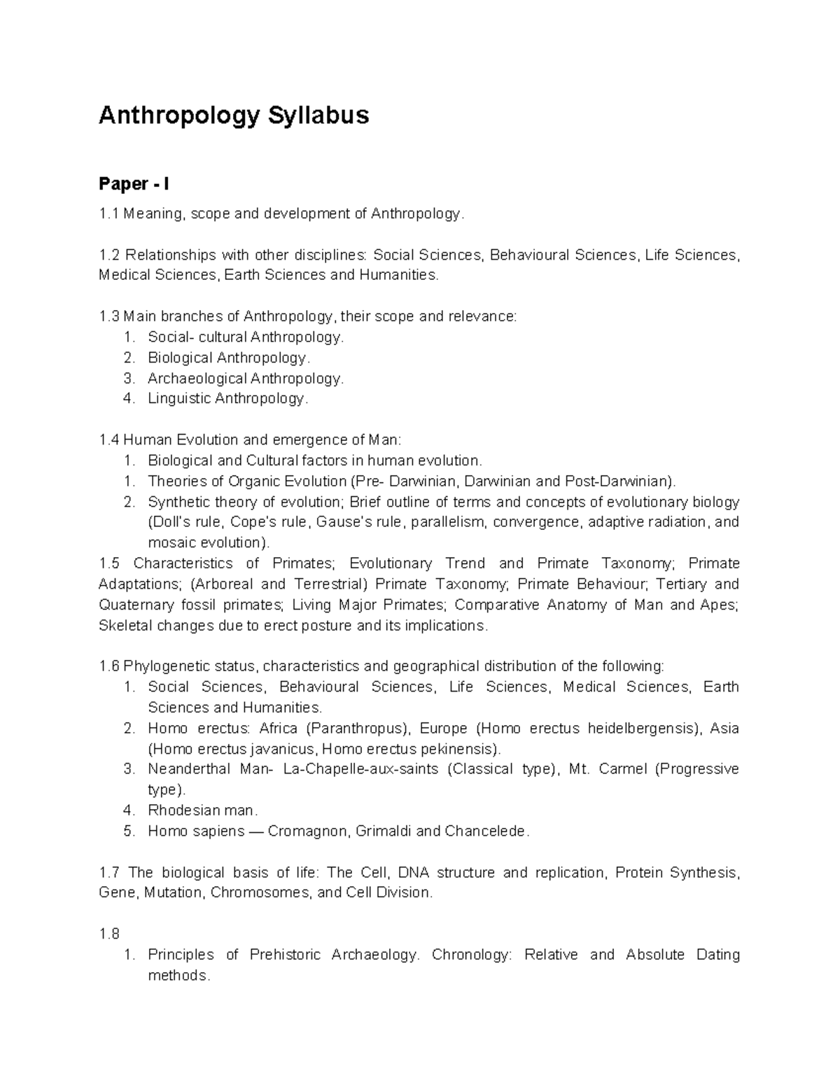 UPSC Main Anthropology Syllabus - Anthropology Syllabus Paper ­ I - Studocu
