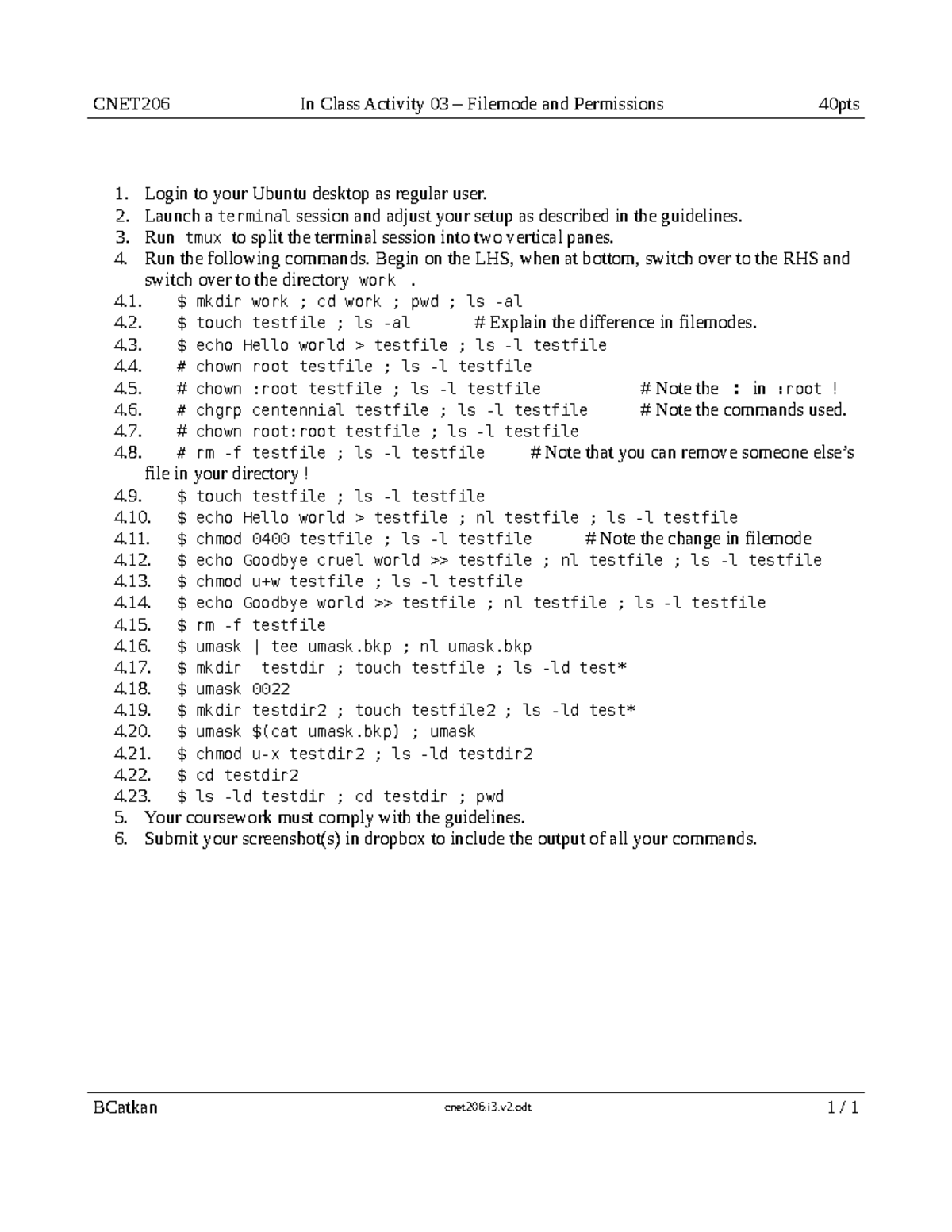 Cnet206 - in class activity 3 - CNET206 In Class Activity 03 – Filemode and Permissions 40pts 1 ...