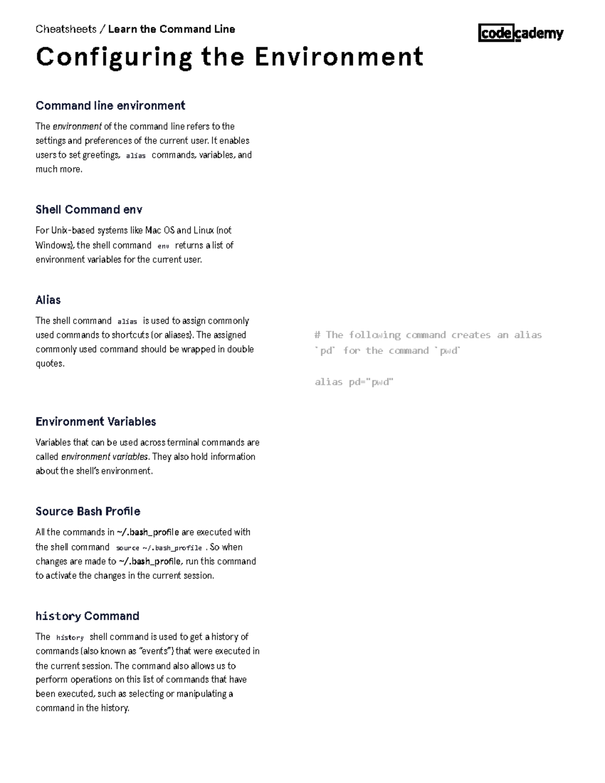 Configuring the Environment Cheatsheet Codecademy - The environment of the command line refers ...